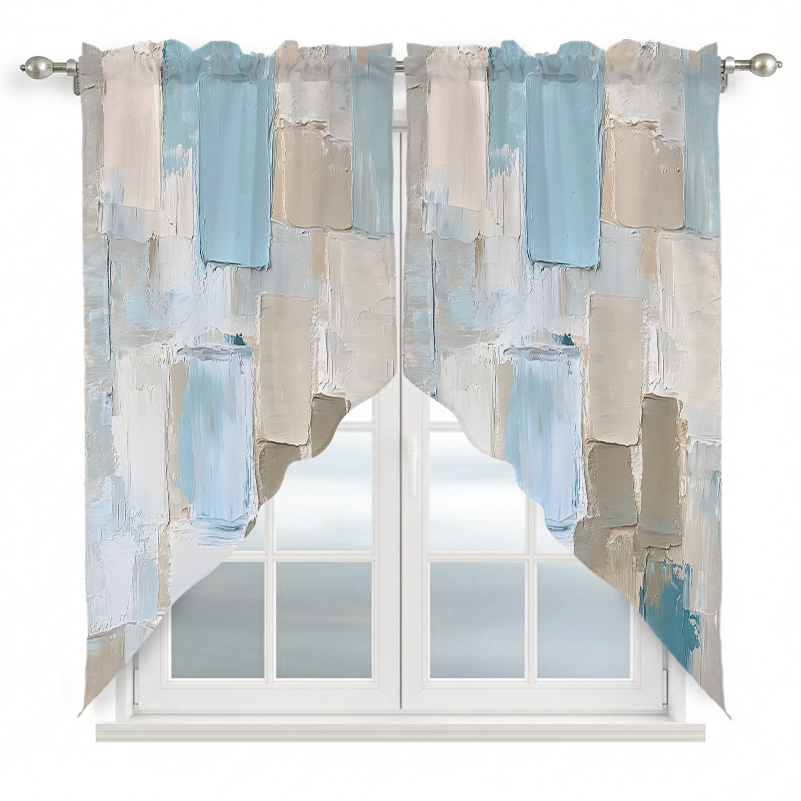 Abstract Swag Curtain Valance for Window 2 Panels Beige Blue Plaid Oil ...