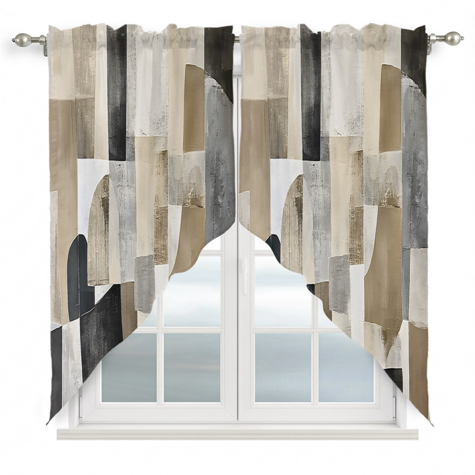 Abstract Swag Curtain Valance for Window 2 Panels Beige Brown Black Oil ...