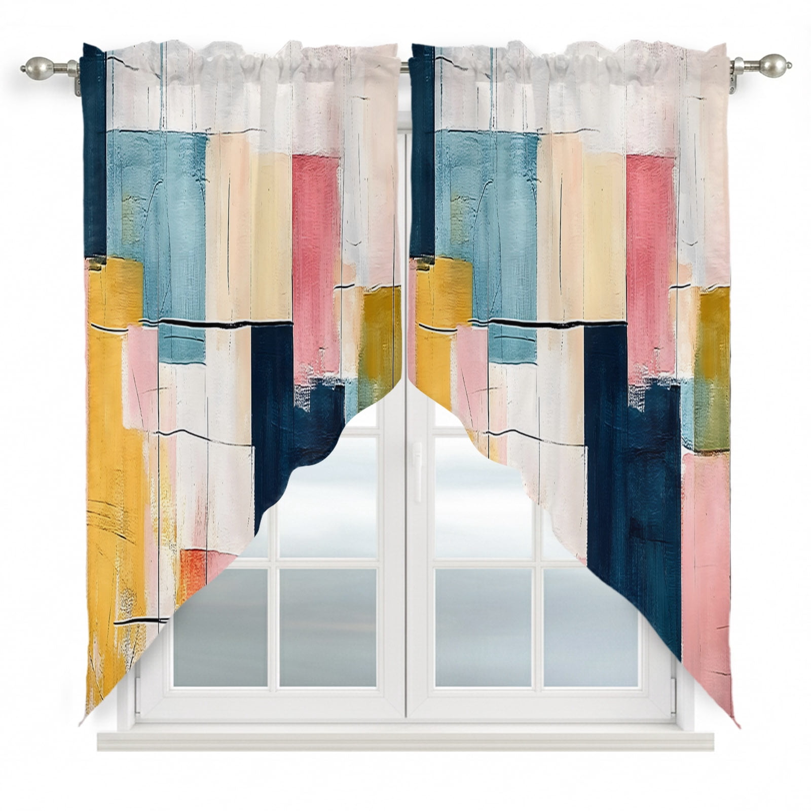 Abstract Swag Curtain Valance for Window 2 Panels Geometric Color Block ...