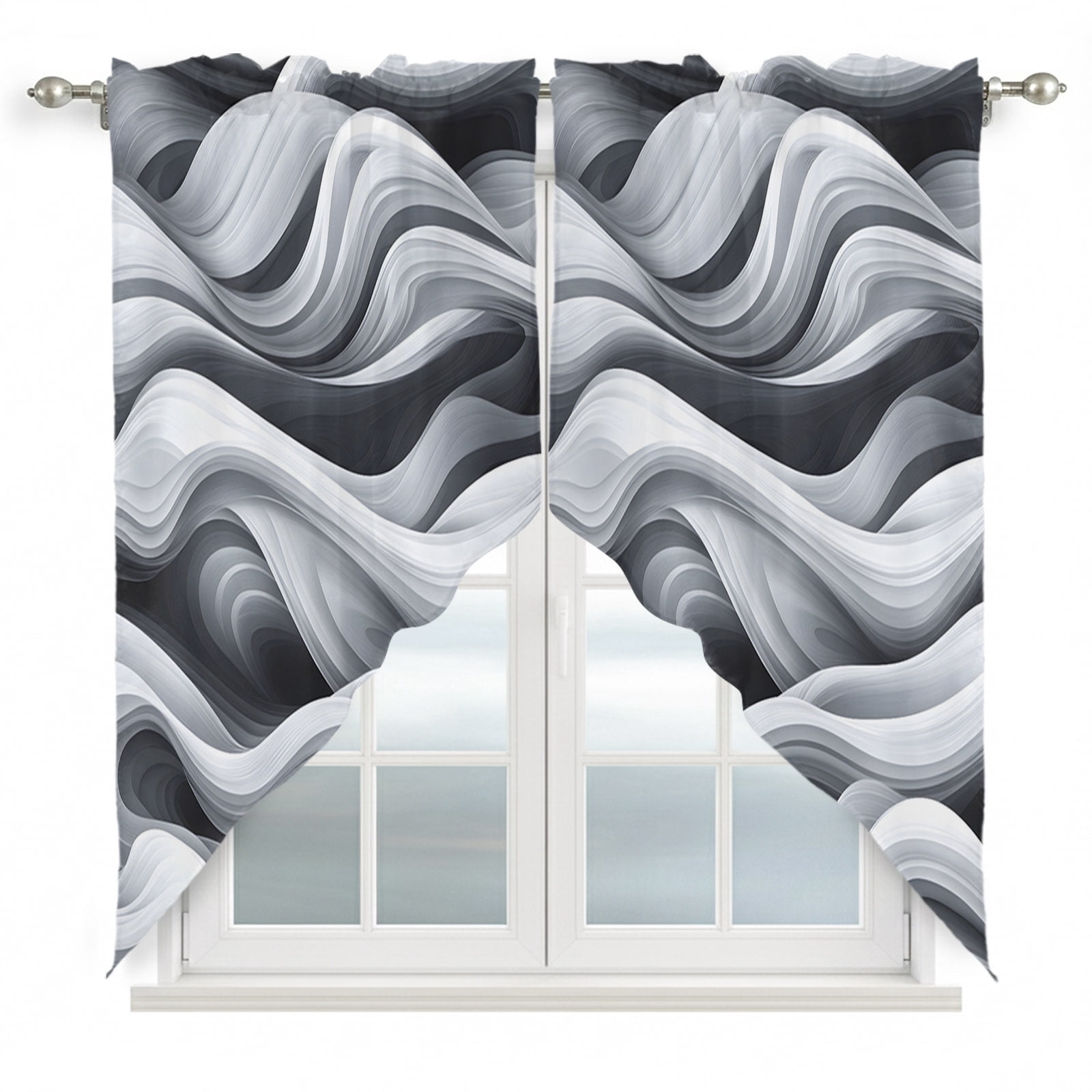 Abstract Swag Curtain Valance for Window 2 Panels Gray and White Wave ...