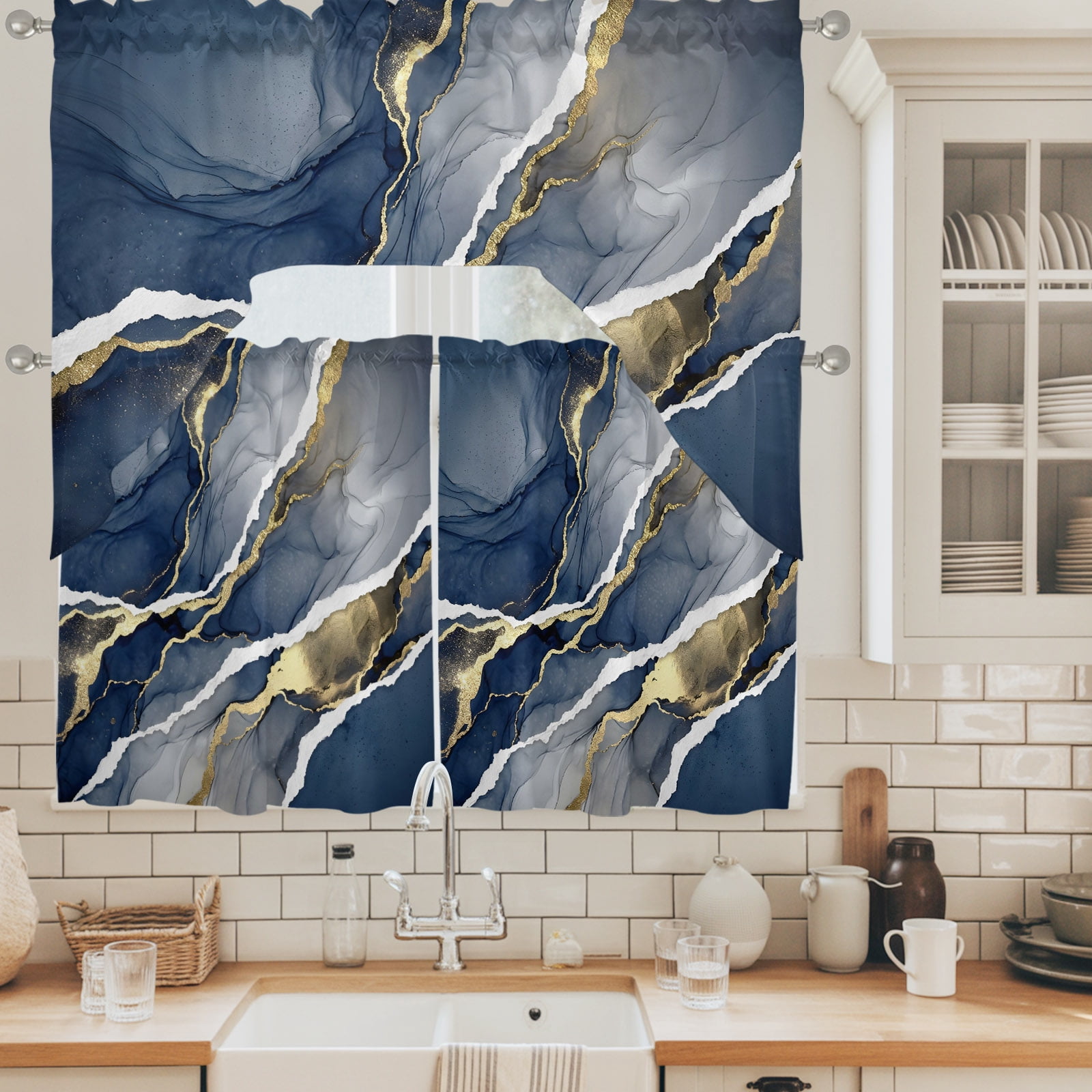 Abstract Swag Curtains Valance and Tier Set, Blue Ink Gold Foiling ...