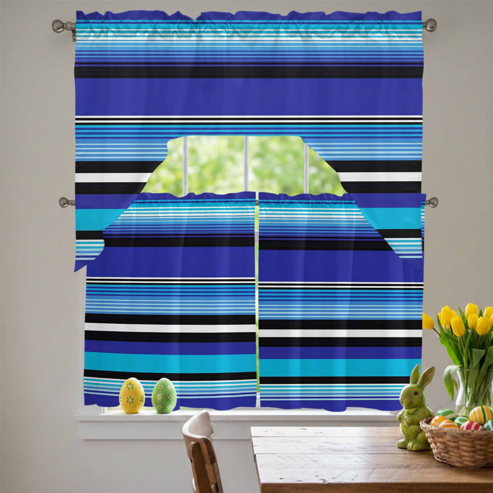 Abstract Swag Curtains Valance & Tier Set, Colorful Mexican Stripe Navy ...