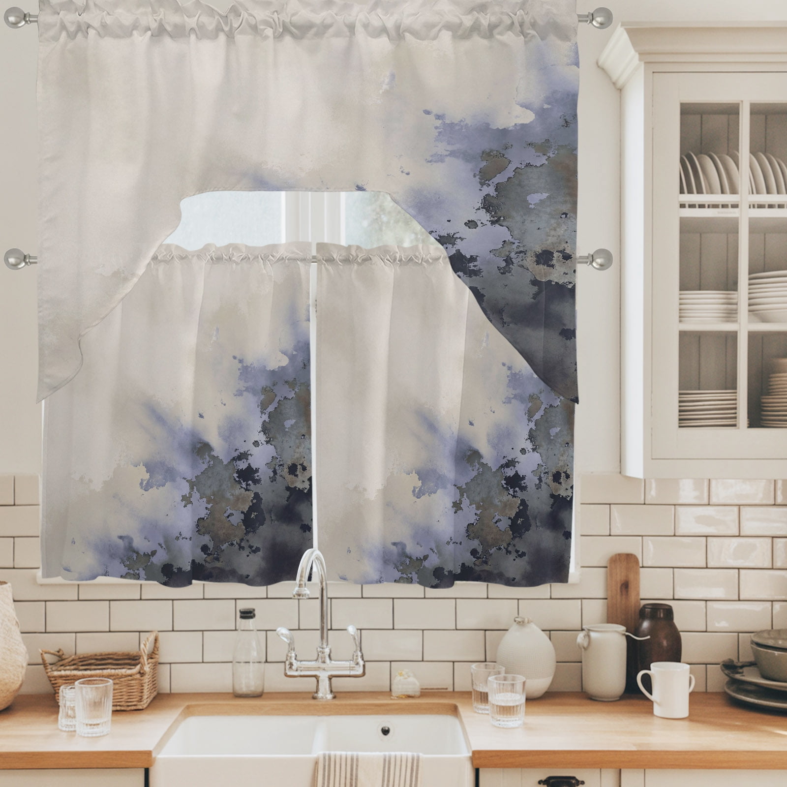 Abstract Swag Curtains Valance and Tier Set, Ink Painting Mottled ...