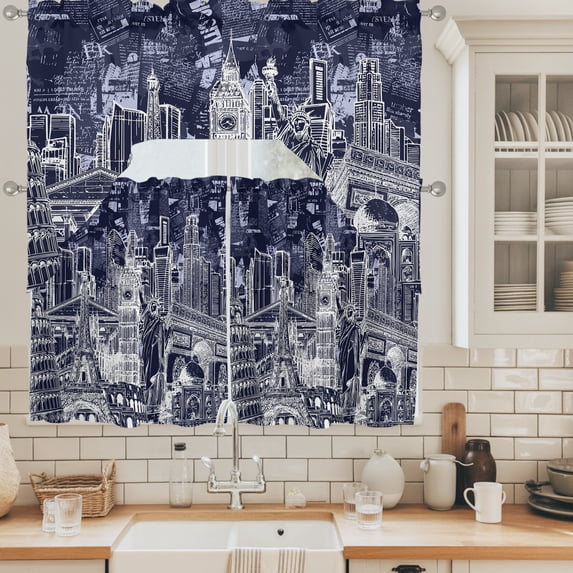 Abstract Swag Curtains Valance and Tier Set, Navy Blue and White Global ...