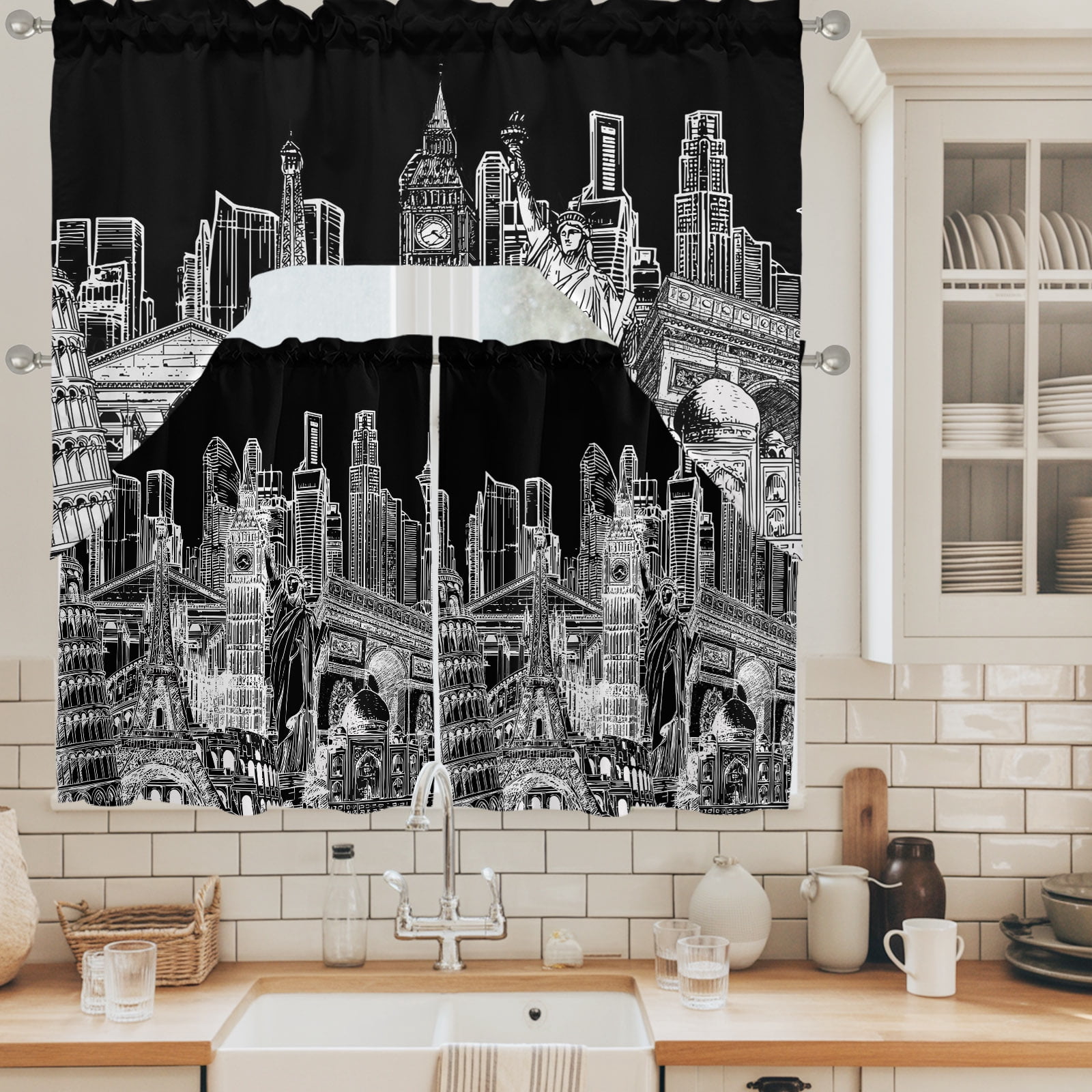Abstract Swag Curtains Valance and Tier Set, White and Black Global ...