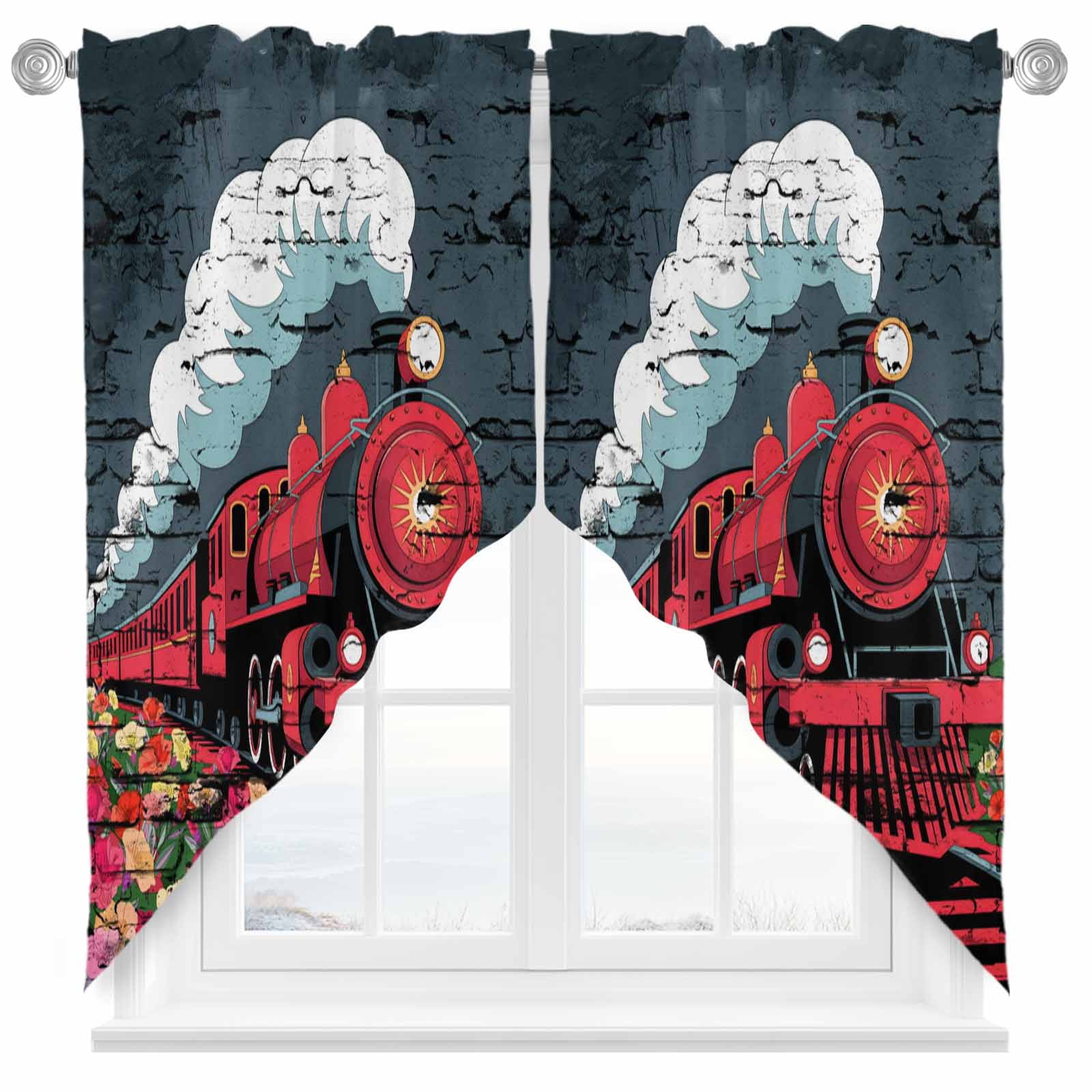 Abstract Swag Kitchen Curtain Valances, Red Trains Flower Tunnels ...
