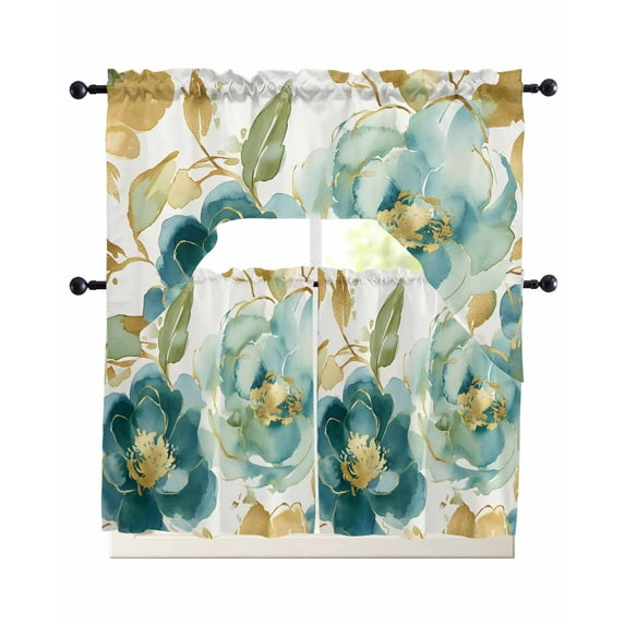 Abstract Swag Valance and Tier Curtains Set Green Peony Pattern Petals ...