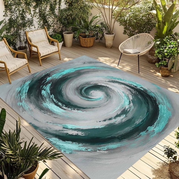 Abstract Swirl Outdoor Rug, Modern Minimalist Teal Grey Spiraling Waves ...