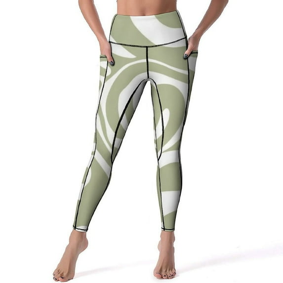 Abstract Swirl Pattern Sage Green White Leggings Gym Wear Gym ...