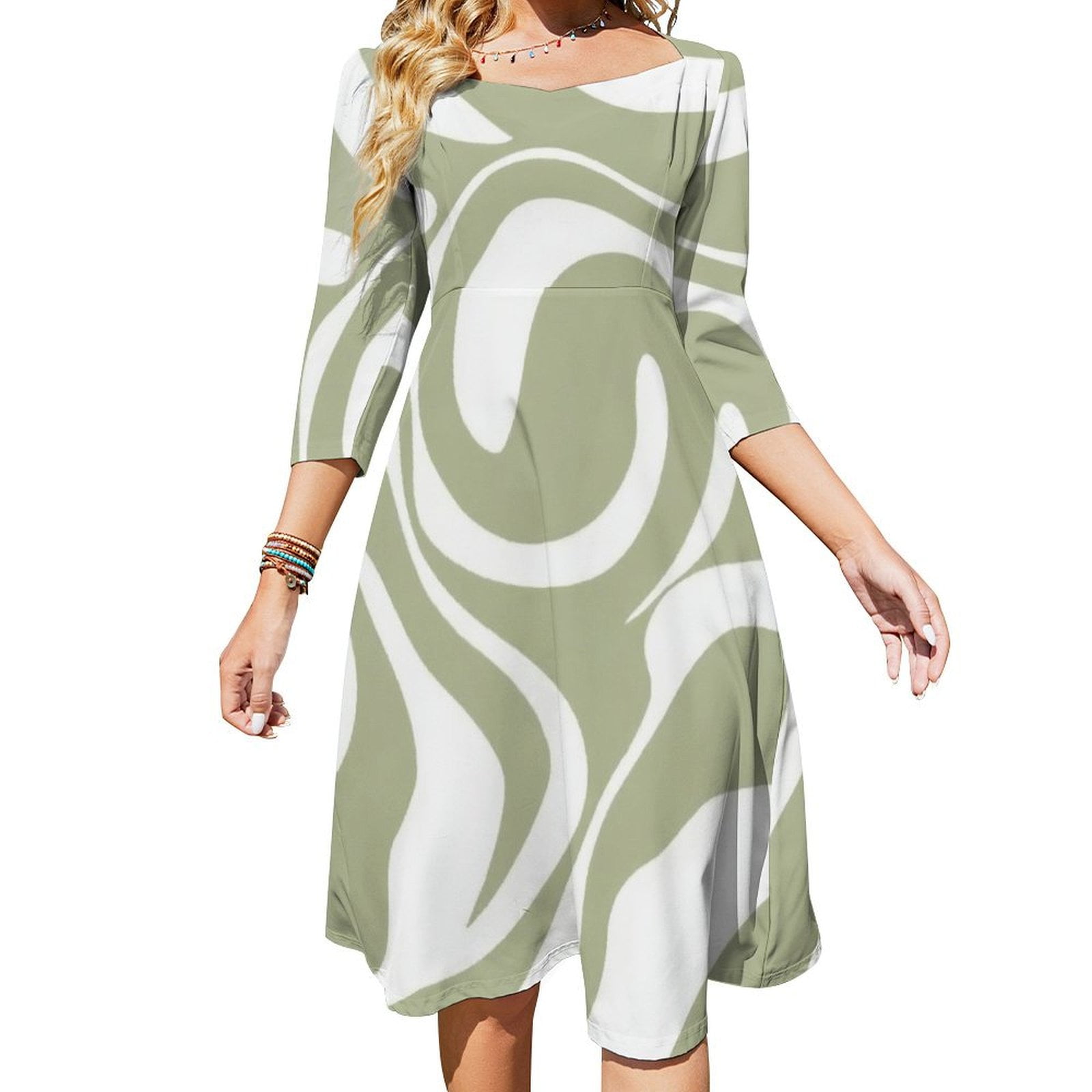 Abstract Swirl Pattern Sage Green White Women's 3/4 Sleeve Dresses ...