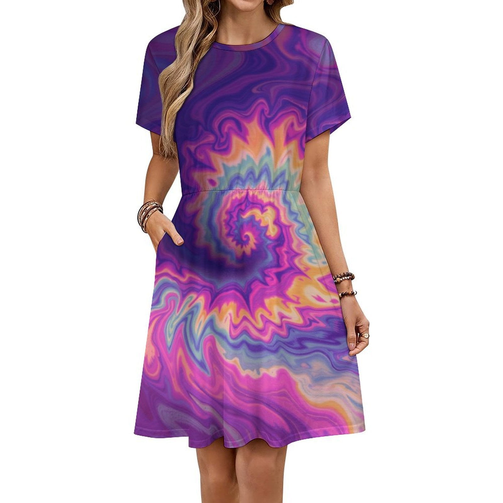 Abstract Swirl Pattern Short Sleeve Dress Summer Women Clothes Dress ...
