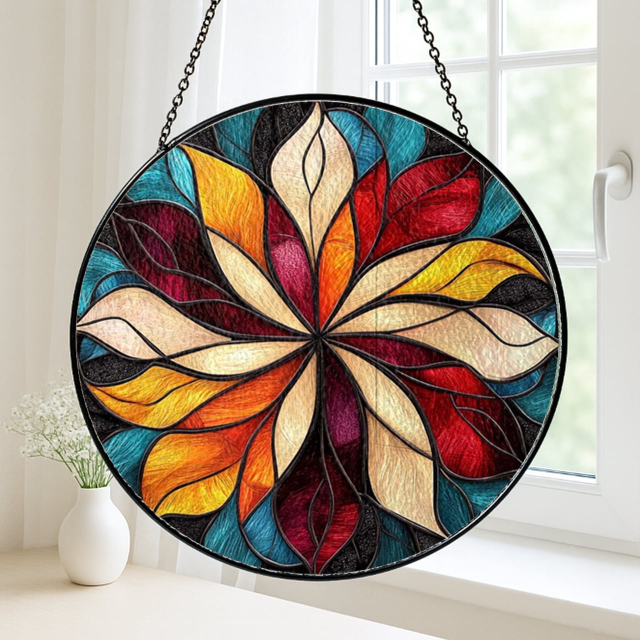 Abstract Swirl Stained Glass Panel, Vibrant Multicolor Circular Window ...