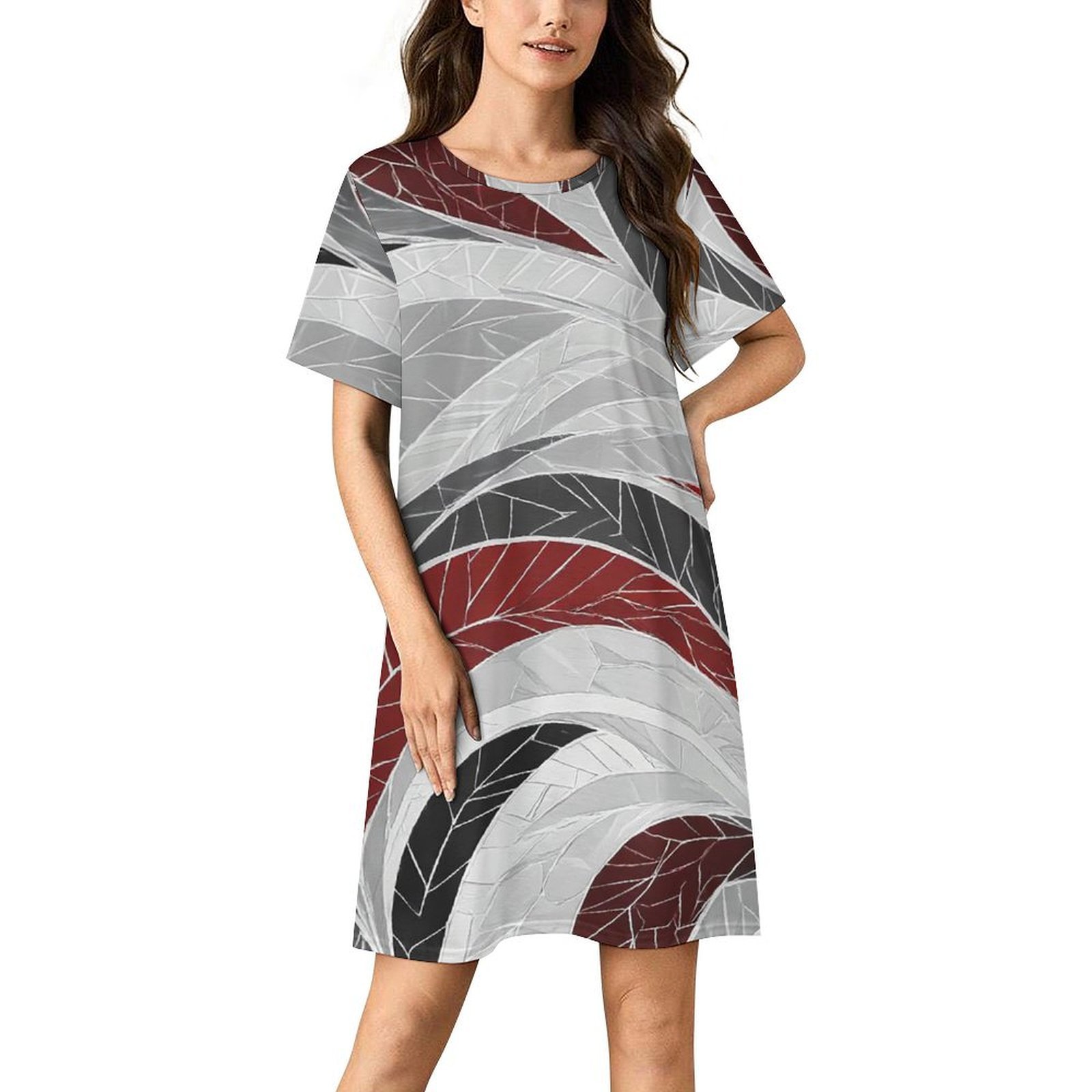 Abstract Swirling Grey Red Art Women Nightgown Sleepwear Short Sleeves ...