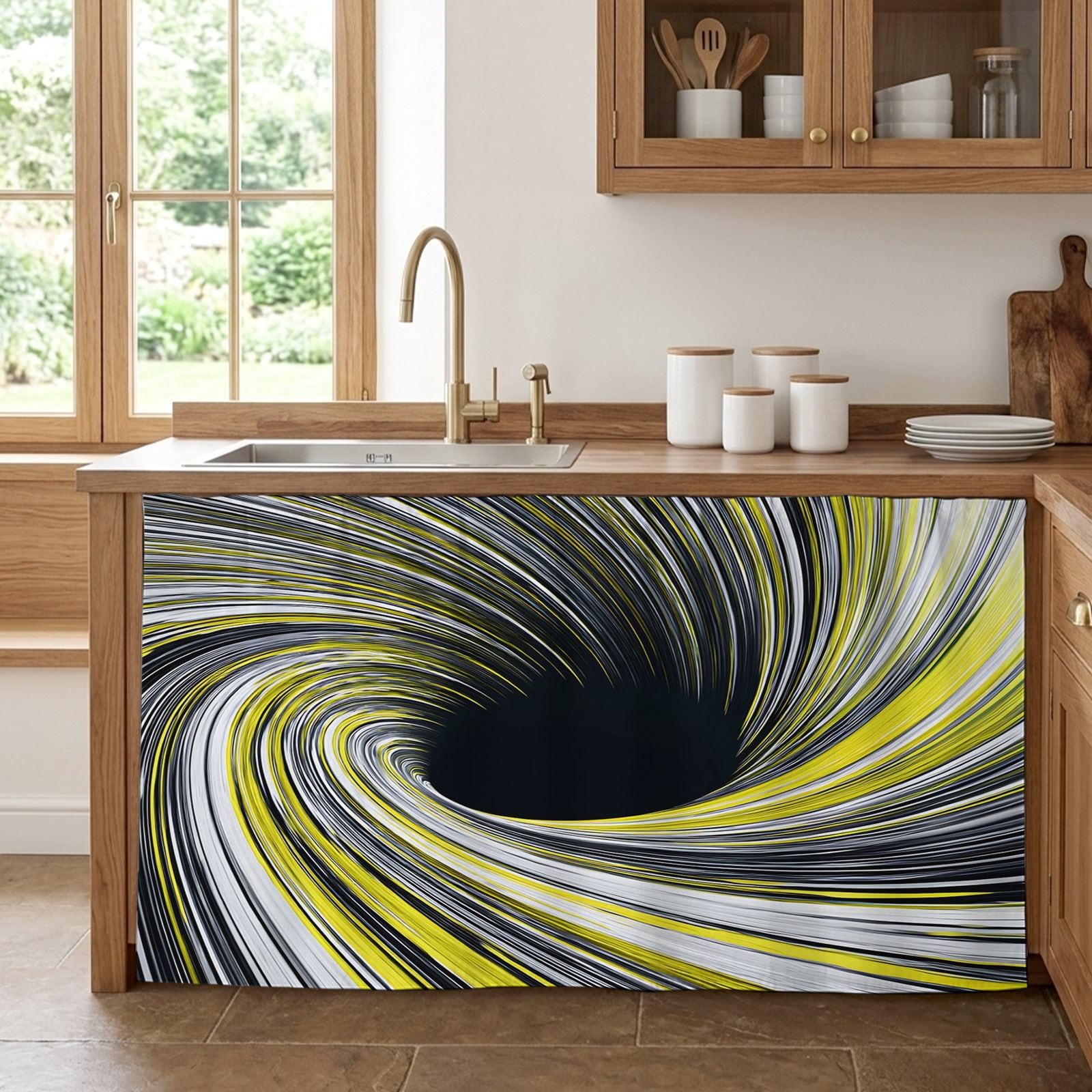 Abstract Swirling Vortex Cabinet Curtains 32"W x 55"L, Yellow Gray ...