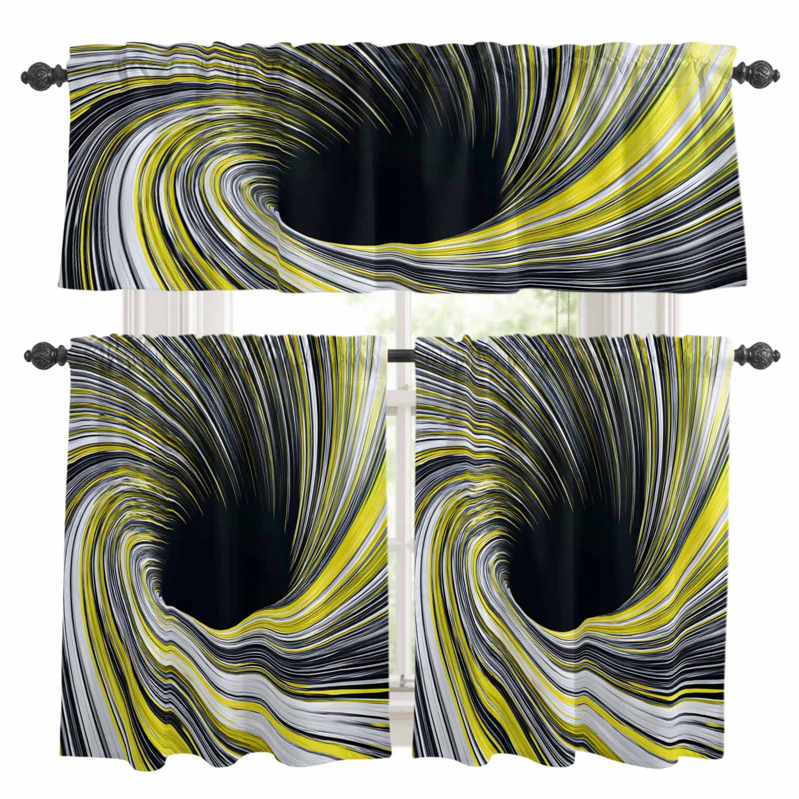 Abstract Swirling Vortex Kitchen Curtains Set for Windows, Yellow Gray ...