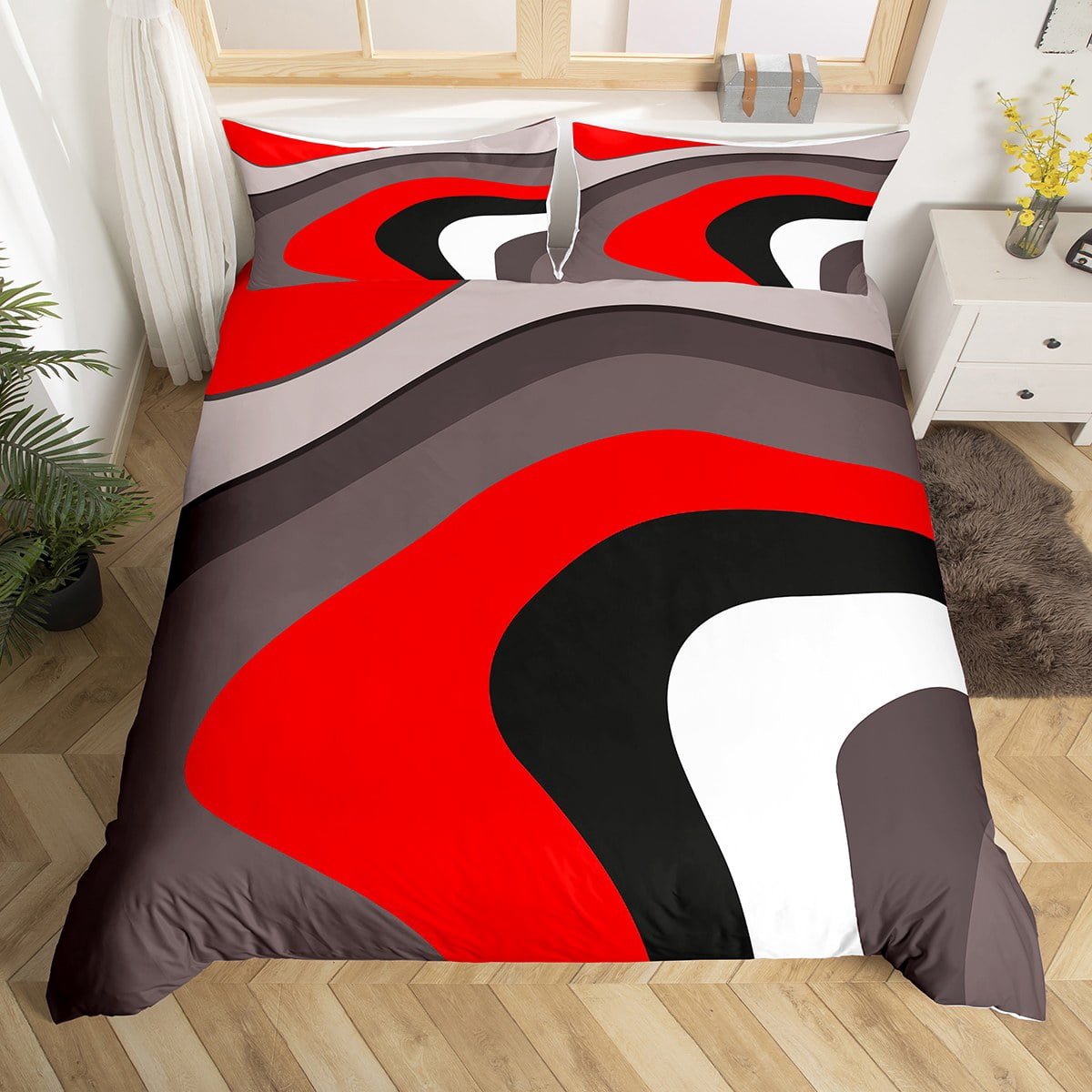 Abstract Swirls Duvet Cover Twin, Black Red Grey White Retro Circle ...