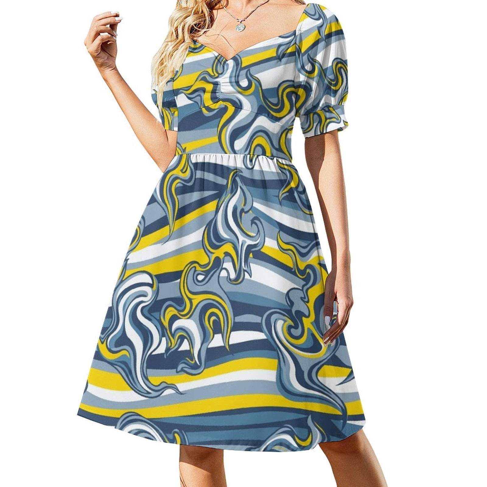 Abstract Swirls Wavy Stripes Pattern Short Sleeve Dress Clothes Women's ...