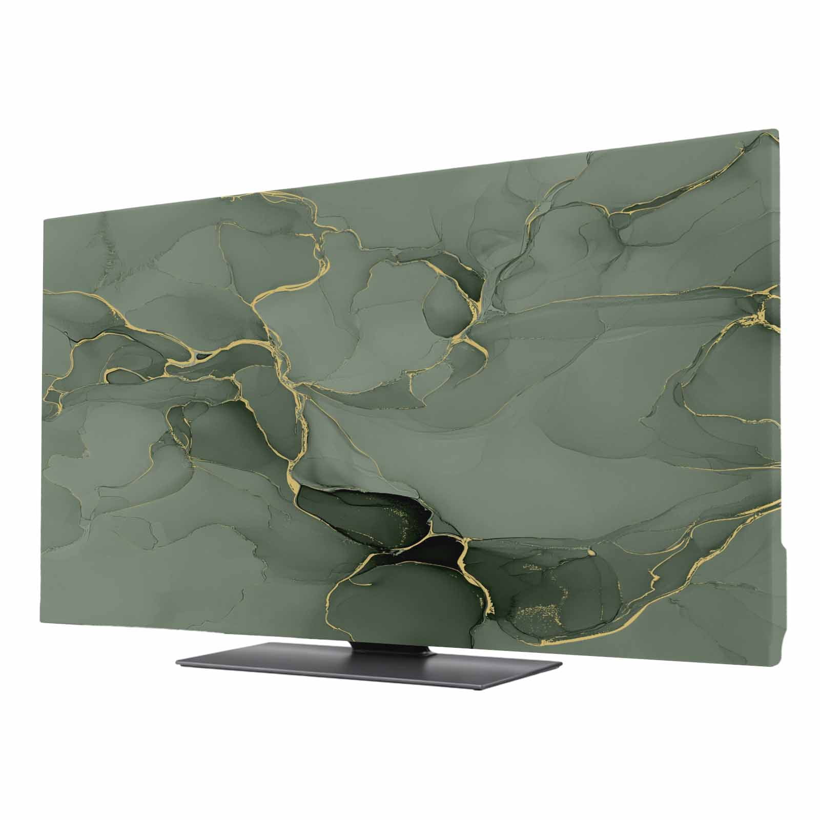 Abstract TV Dust Cover 24 Inch, Sage Green Golden Marble Fluid Lines ...