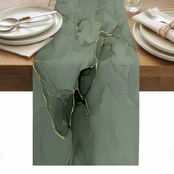 Abstract Table Runner 13 x 36 Inch, Sage Green Golden Marble Fluid ...