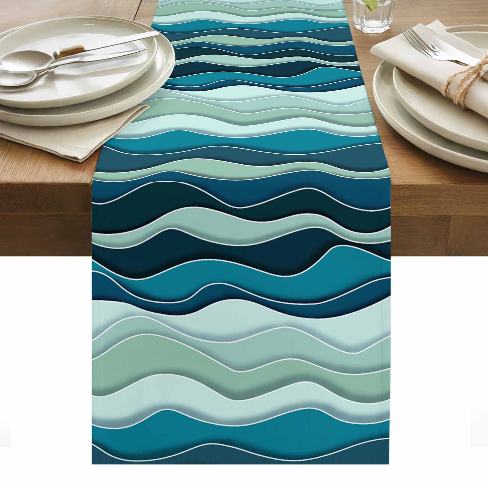 Abstract Table Runner 13 x 90 Inch, Teal Gradient Waves Beach Lines ...