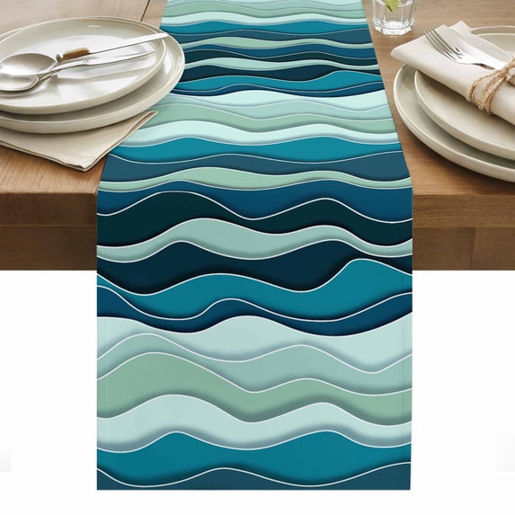 Abstract Table Runner 13 x 90 Inch, Teal Gradient Waves Beach Lines ...