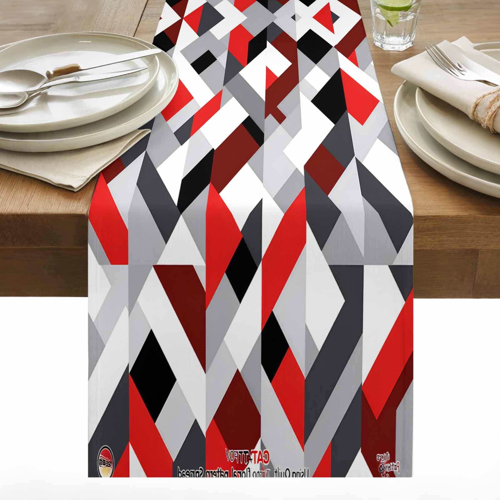 Abstract Table Runner 13x36 inch Red Black Geometric Modern Design ...