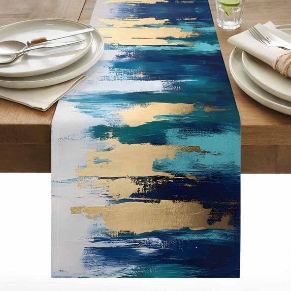 Abstract Table Runner 13x72 inch Gold and Navy Blue Cotton Linen Dining ...