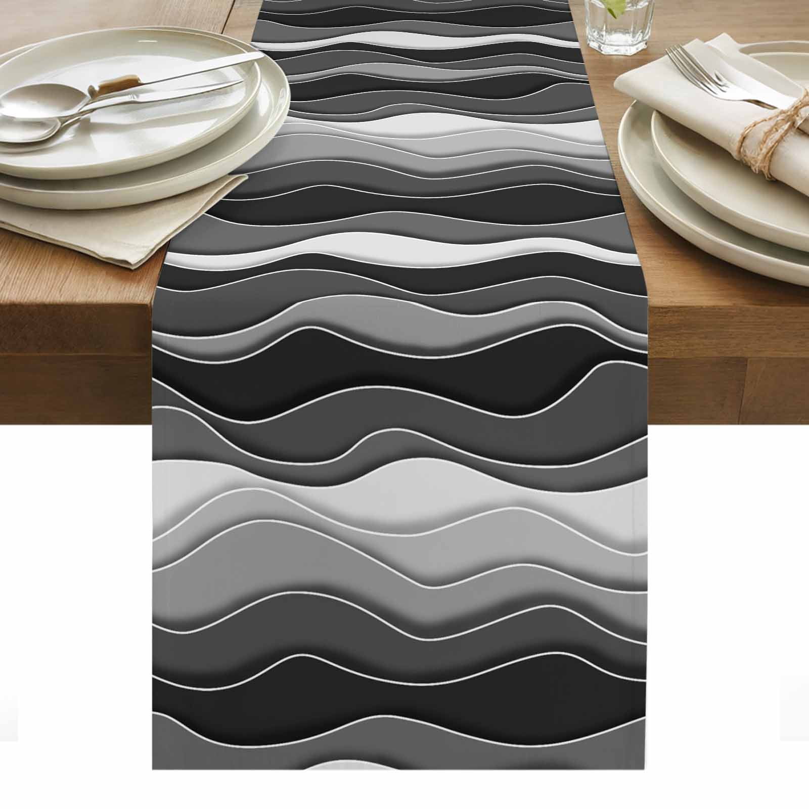 Abstract Table Runner 16 x 72 Inch, Black Gray Gradient Waves Beach ...