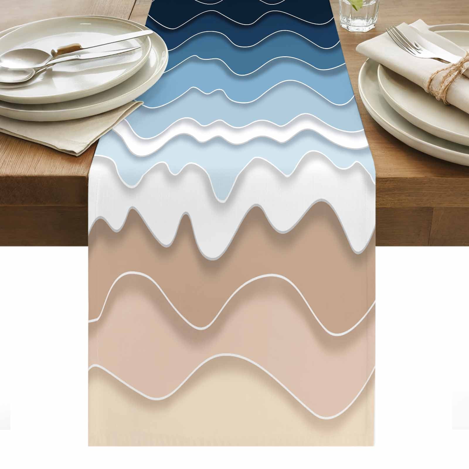 Abstract Table Runner 18 x 72 Inch, Blue Brown Gradient Waves Beach ...