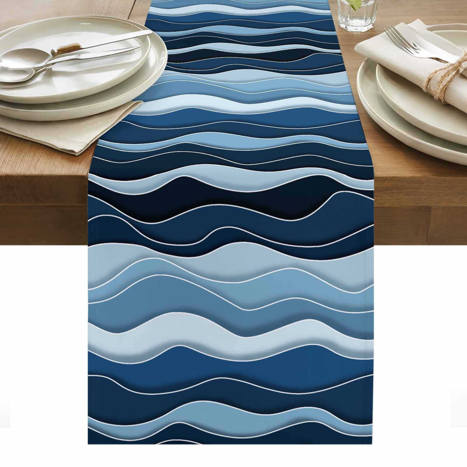 Abstract Table Runner 18 x 72 Inch, Blue Gradient Waves Beach Lines ...
