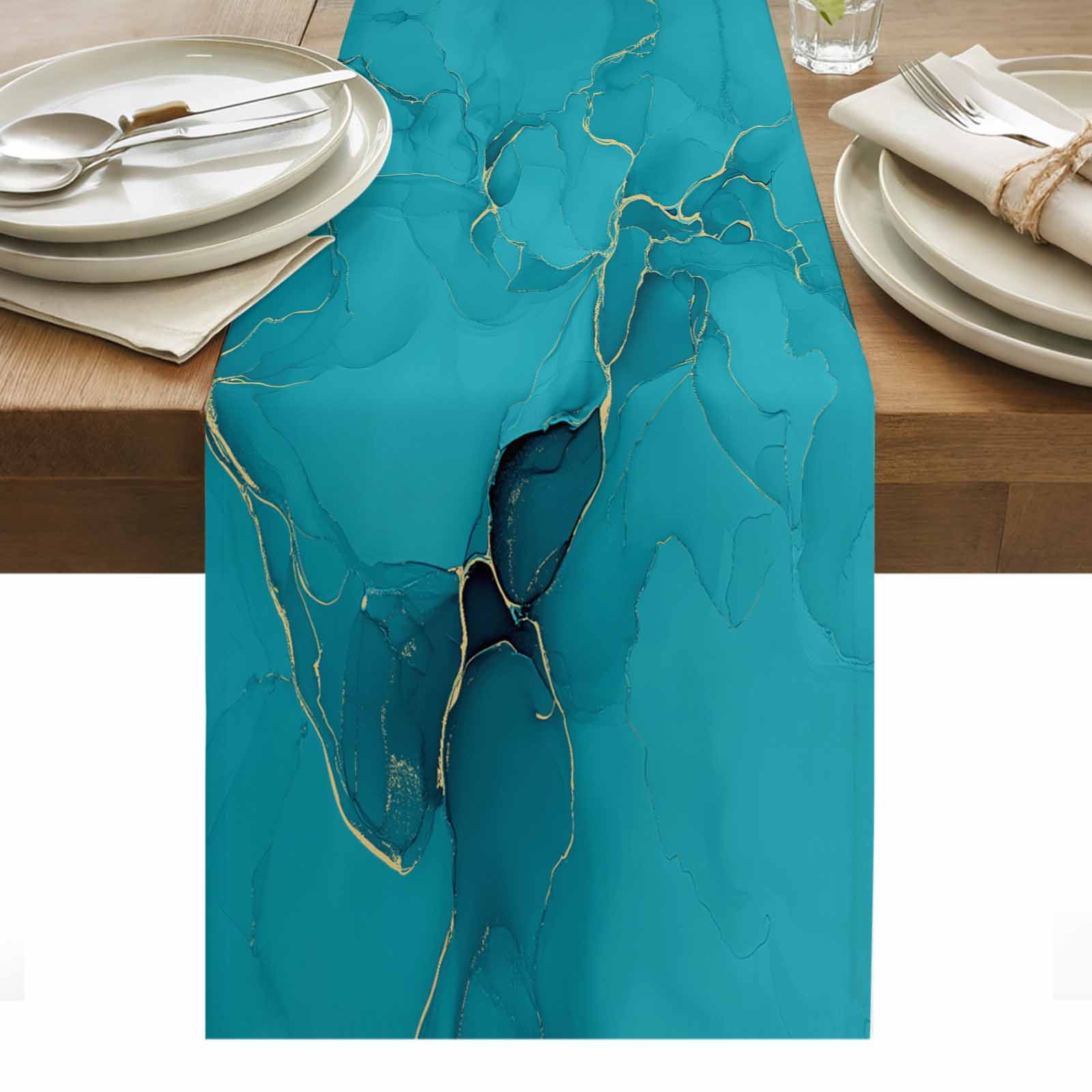 Abstract Table Runner 18 x 72 Inch, Turquoise Golden Marble Fluid Lines ...