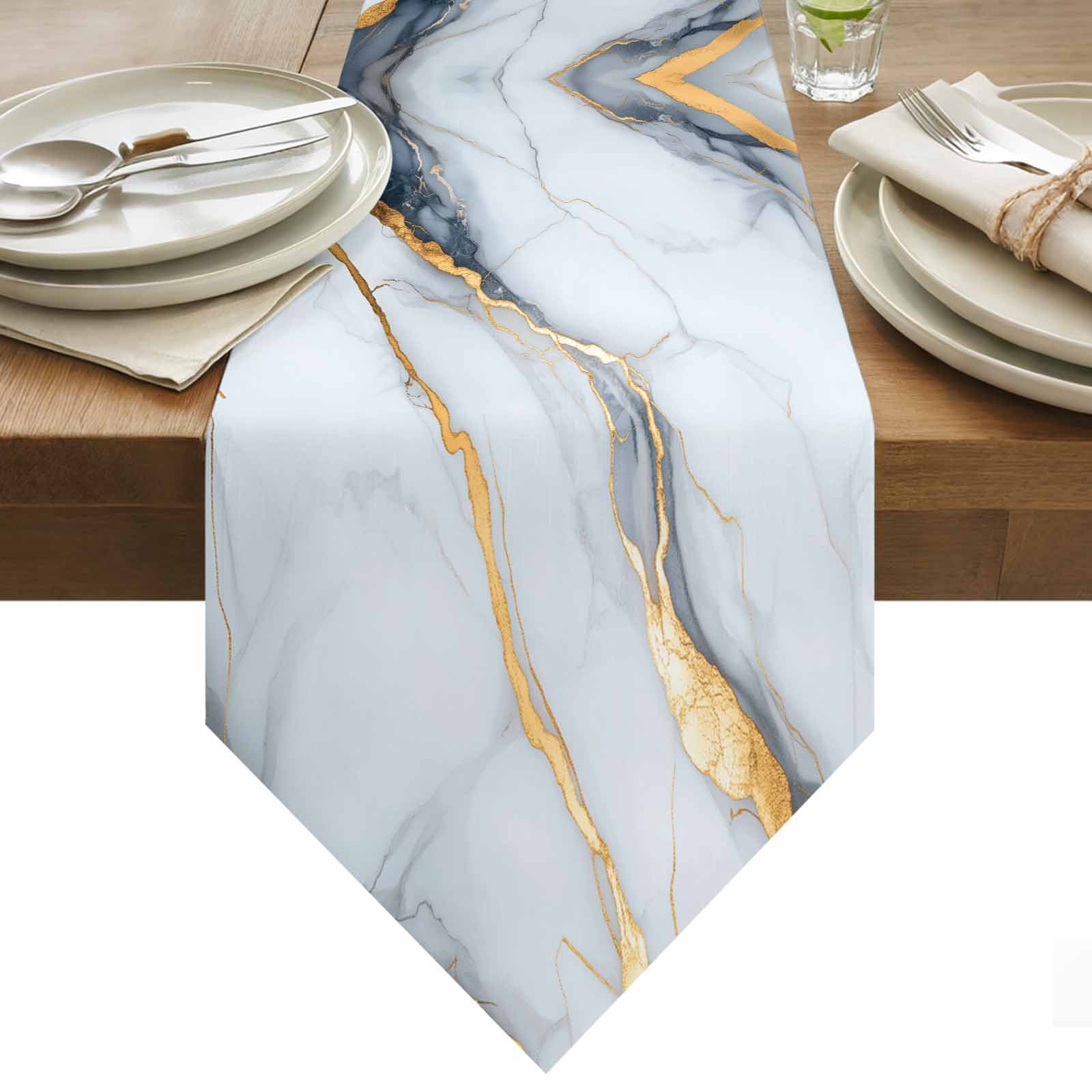 Abstract Table Runner 70 Inches Long Grey White Marble Texture Golden ...