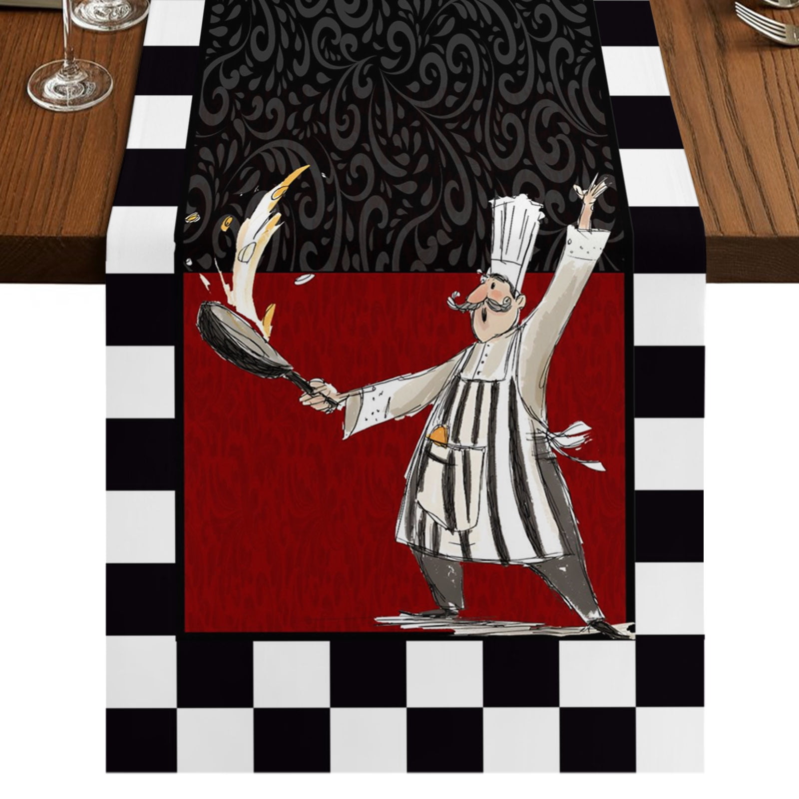 Abstract Table Runner 72 Inches Long, Cartoon Style Chef White Black ...