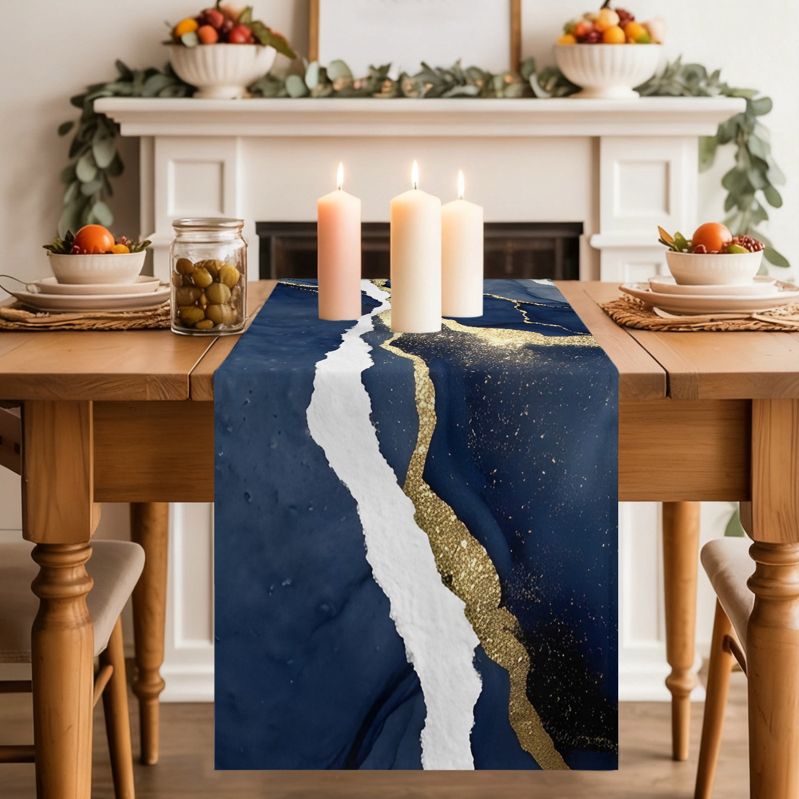 Abstract Table Runner, Blue Ink Gold Foiling Ocean Waves Luxury ...