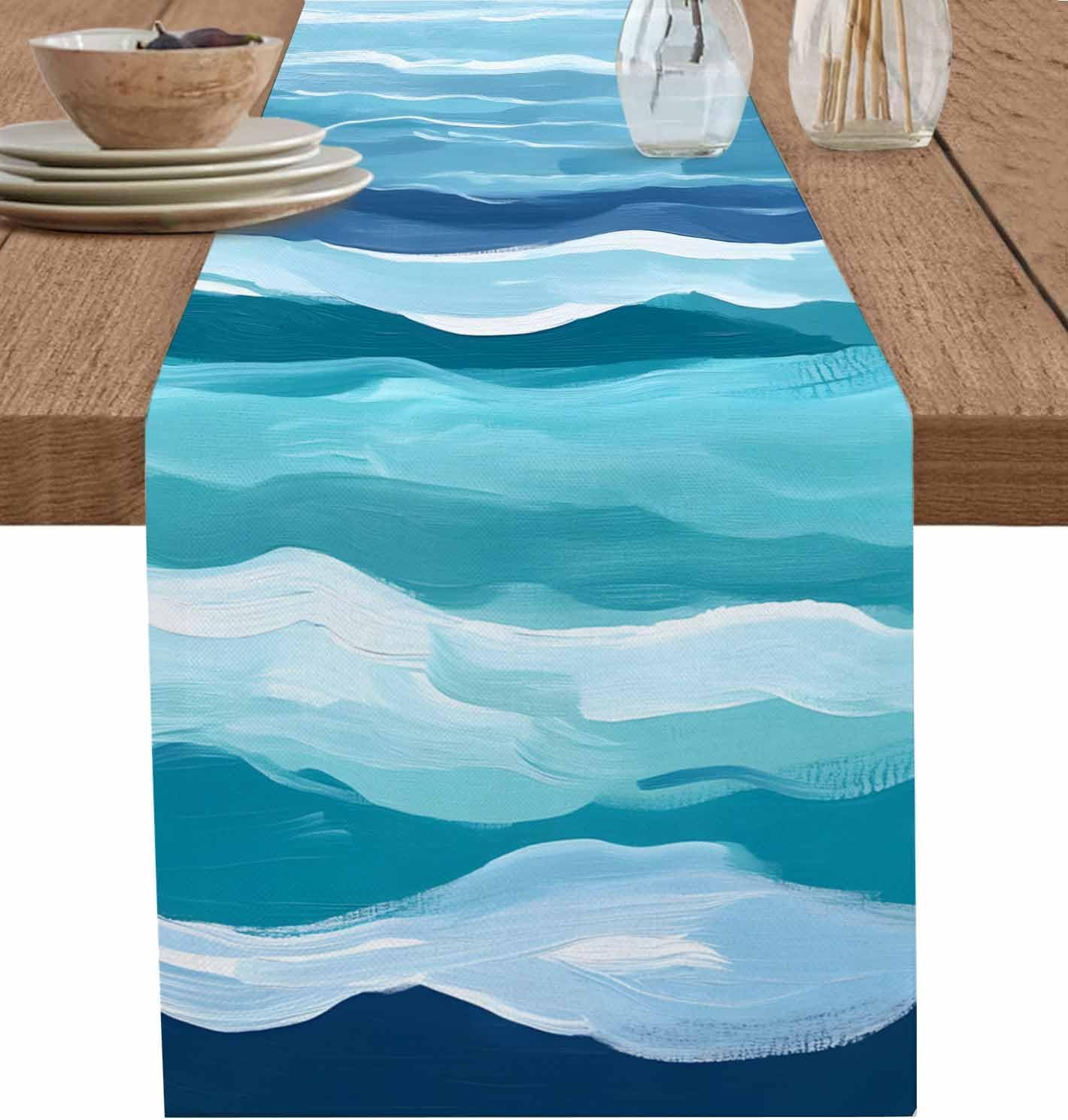 Abstract Table Runner Dresser Scarf Ocean Themed Wave Ombre Stripes ...