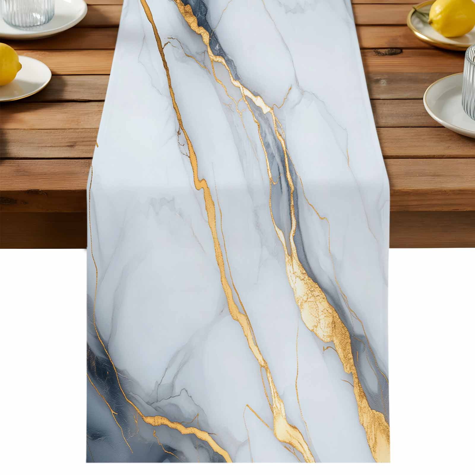 Abstract Table Runner, Grey White Marble Texture Golden Lines Cotton ...