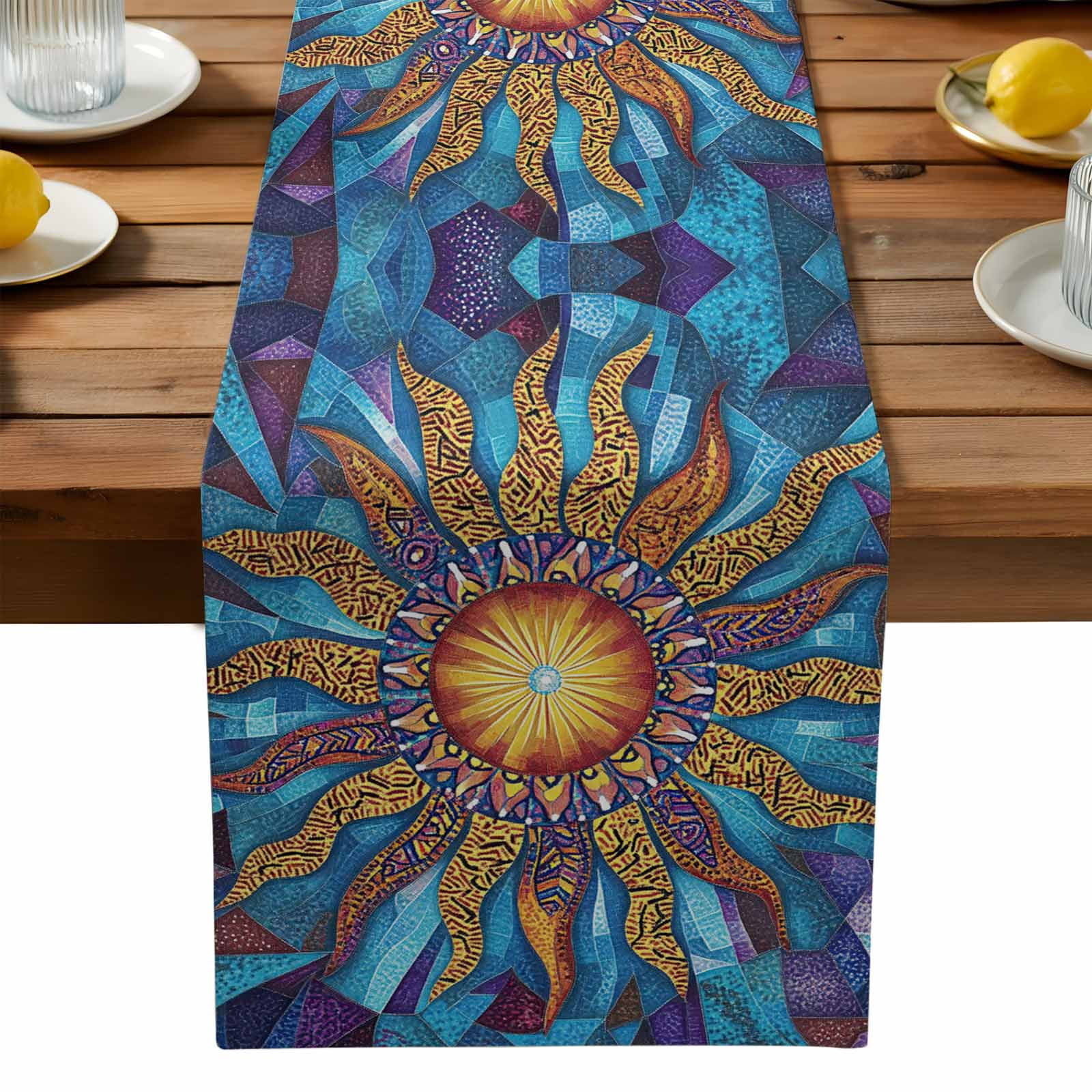 Abstract Table Runner, Yellow Blue Sun Texture Flame Kitchen Table ...