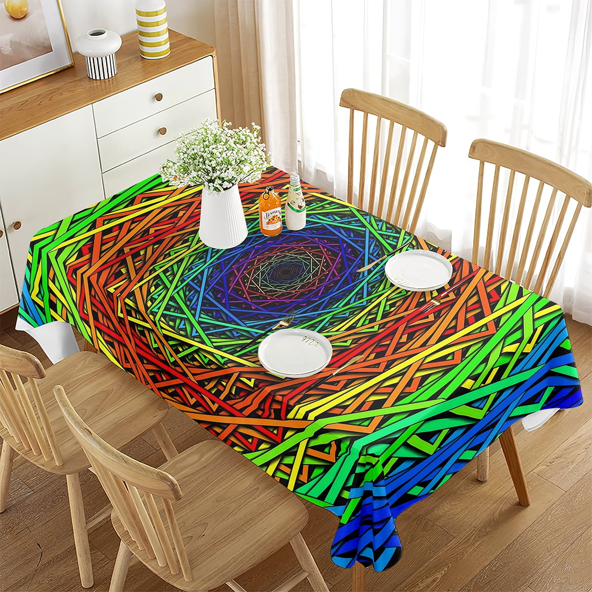 Abstract Tablecloth Mosaic Style Stained Fractal Colorful Geometric ...