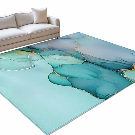 Abstract Teal Area Rug, Blue Gold Marble Natural Stone Cracks Modern ...