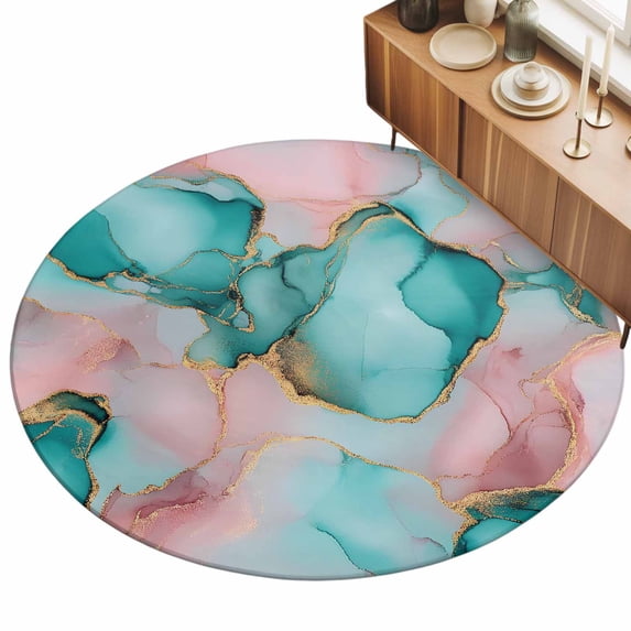 Abstract Teal Area Rug, Pink Fluid Art Marble Stone Texture Modern Non ...
