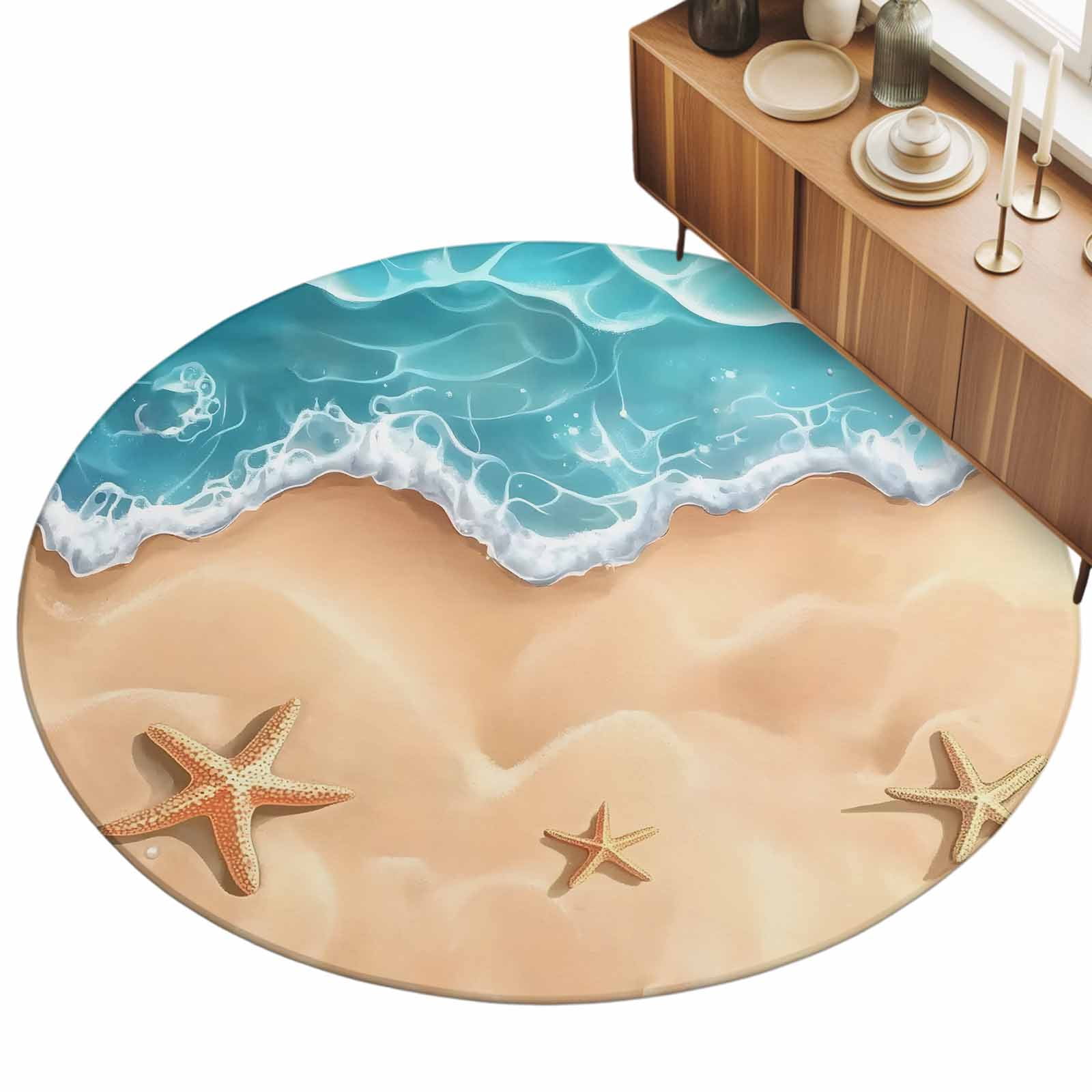 Abstract Teal Area Rugs 4' (Round) Beach Starfish Sand Ocean Waves ...