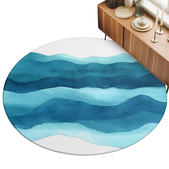 Abstract Teal Area Rugs 4' (Round) Blue Gradient Waves Watercolor ...
