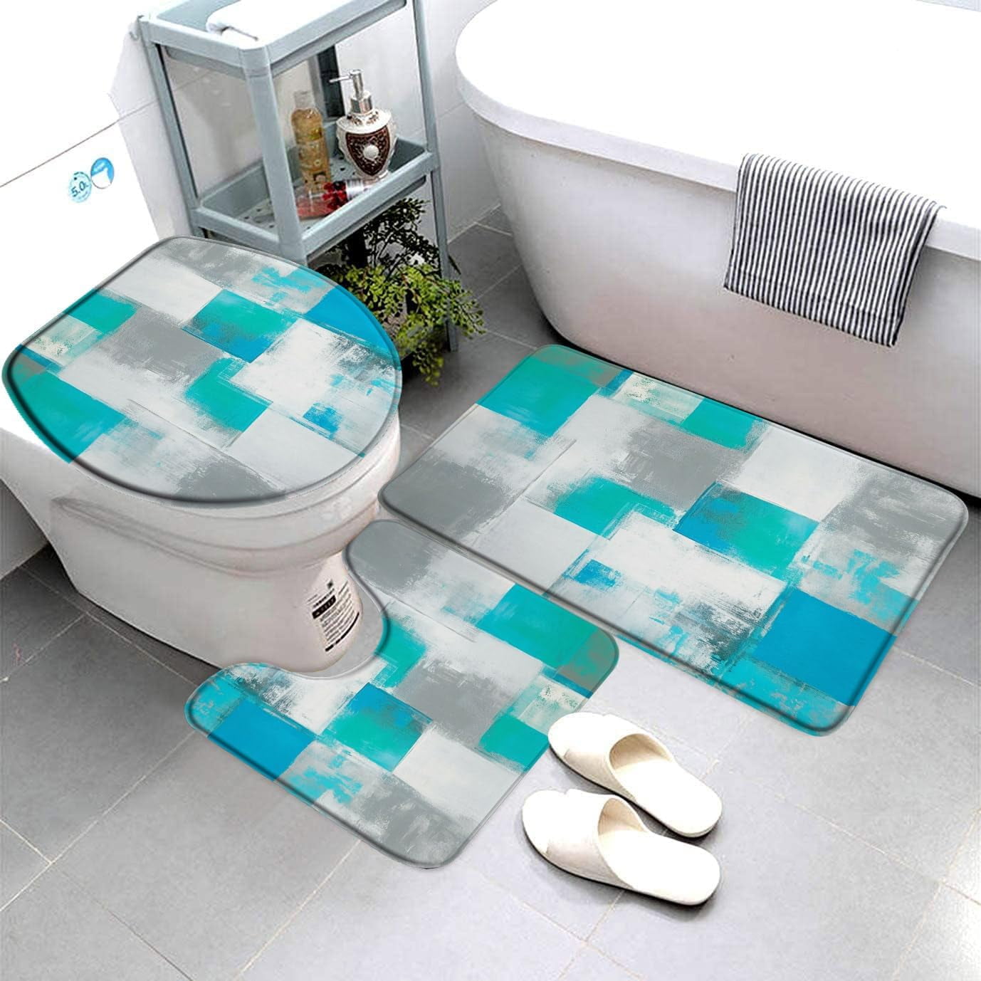 Abstract Teal Bath Mat 3 Piece Set Bathroom Rugs Oil Painting ...
