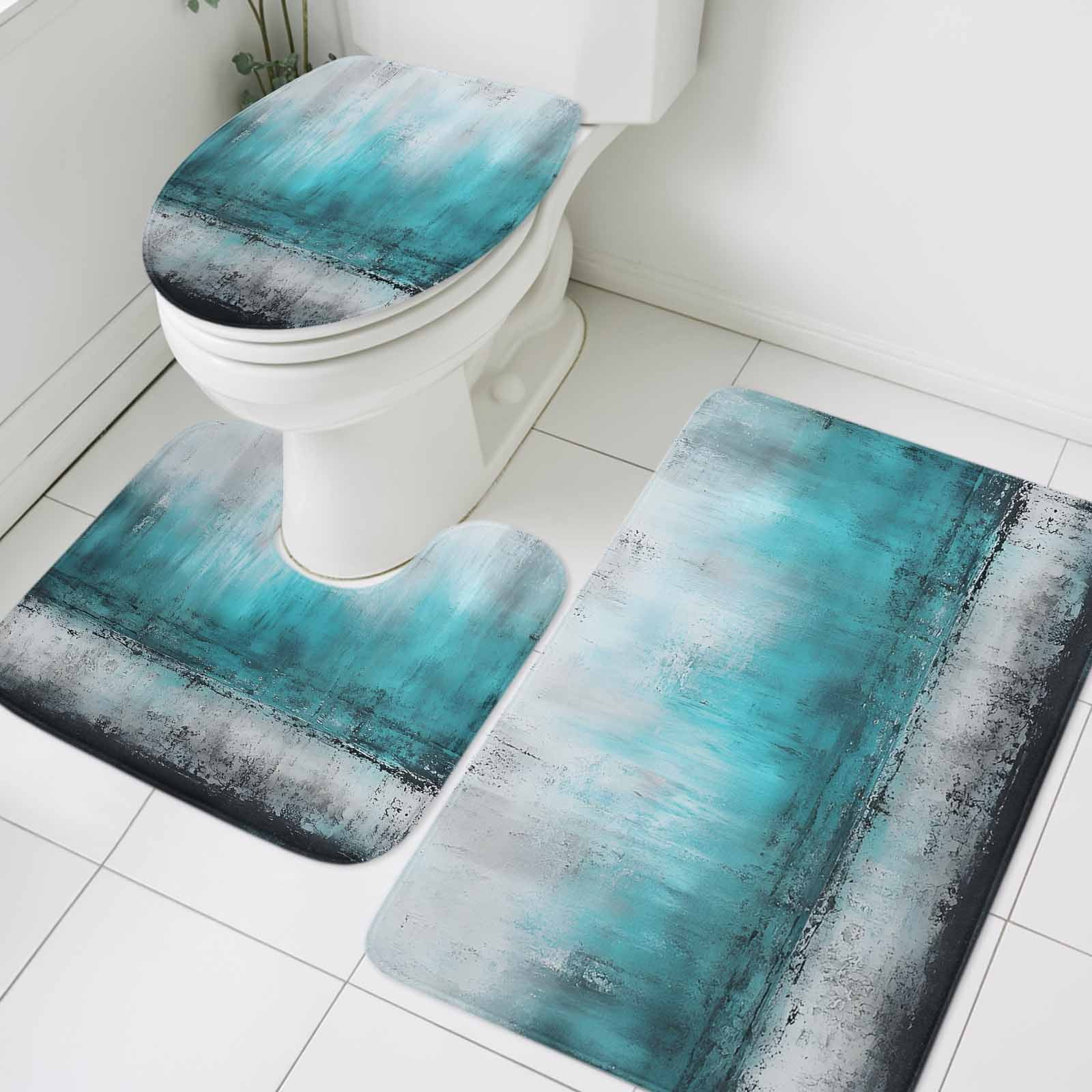 Abstract Teal Bathroom Rugs Set Grey Gradient Mottled Graffiti Retro ...