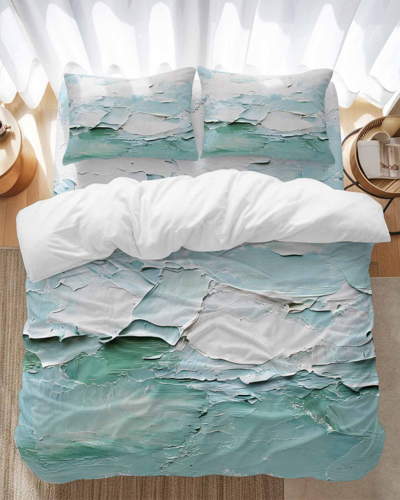 Abstract Teal Bedding Duvet Cover Set King Size 4 Pieces Green White ...
