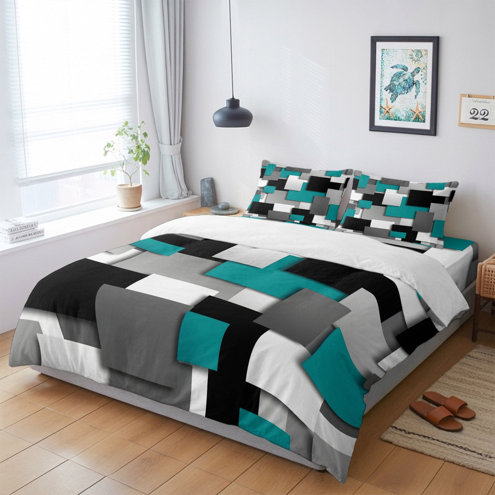 Abstract Teal Black Gray White Square King Size Bed Set,Modern ...
