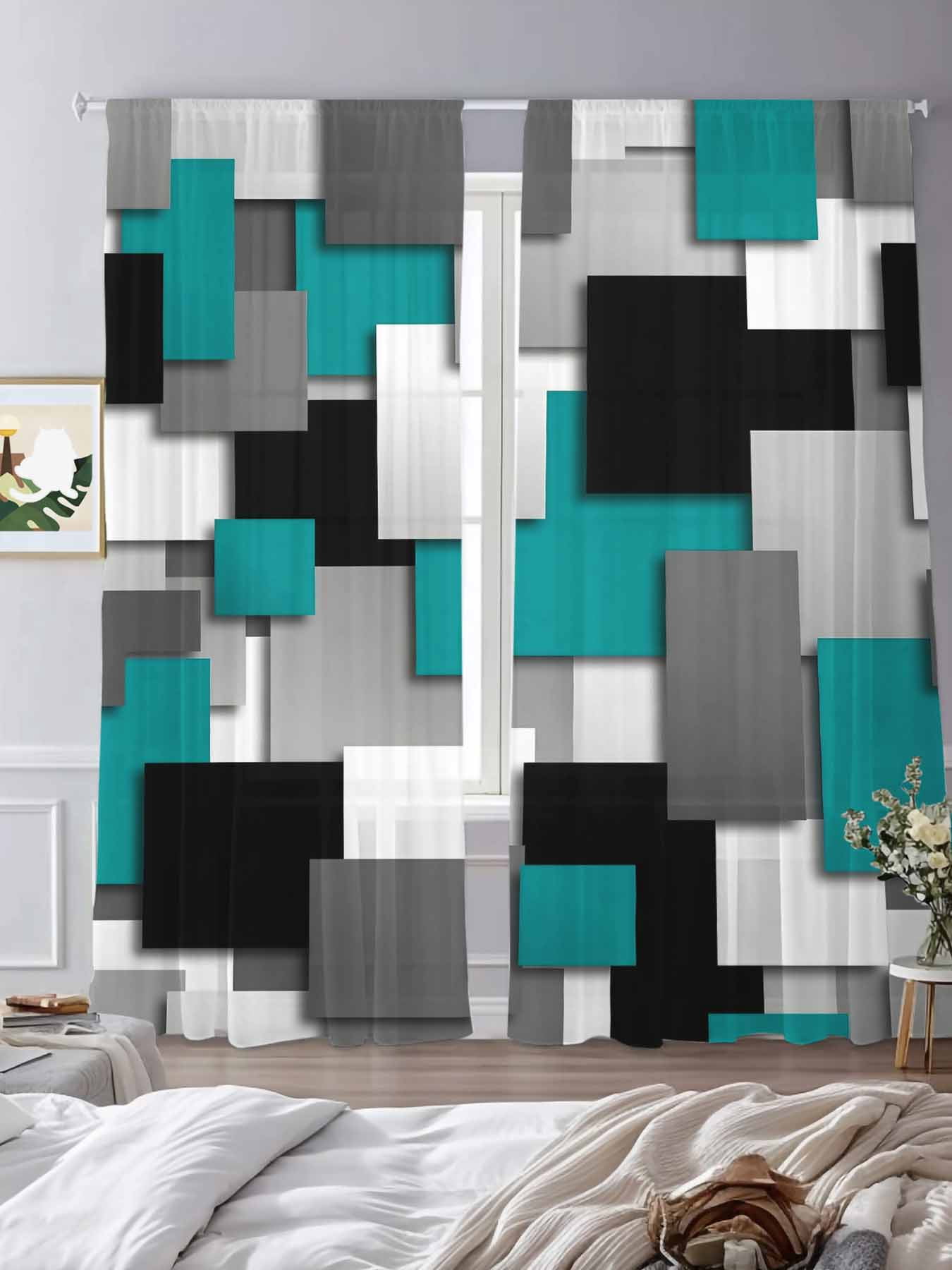 Abstract Teal Black Gray White Square Sheer Curtains 2 Panels Set ...