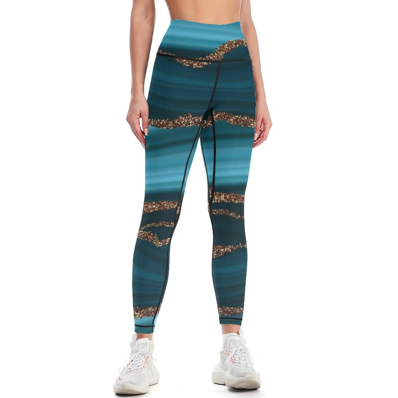 Abstract Teal Blue And Gold Faux Marble Strokes Leggings high waist ...