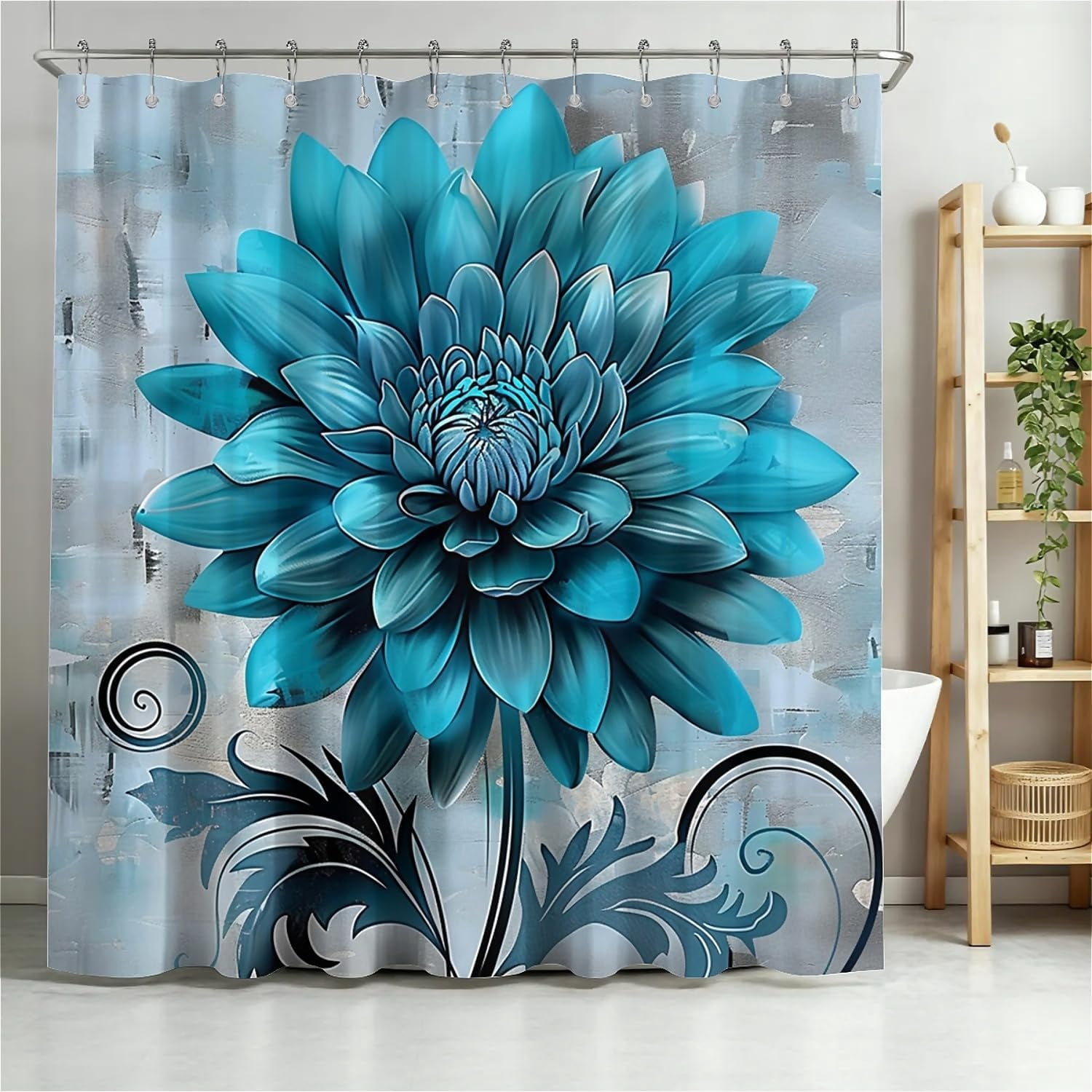 Abstract Teal Blue Flower Shower Curtain for Bathroom, Water Resistant ...