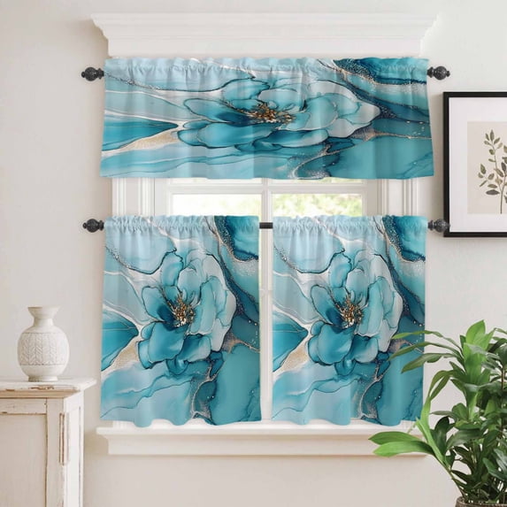 Abstract Teal Flower Marble Style Curtain Tier and Valance Set 3 Piece ...